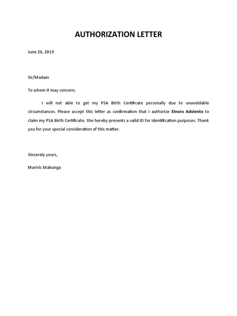 Request for Proxy Claim of PSA Birth Certificate Due to Unavoidable ...
