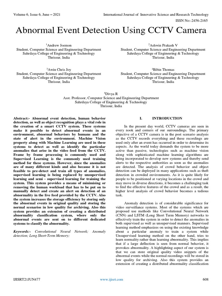 Abnormal Event Detection Using Cctv Camera Pdf Data Compression Closed Circuit Television