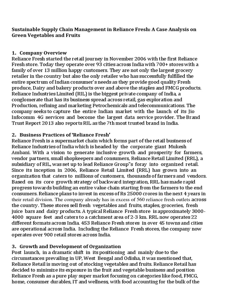 Case Study Supply Chain Reliance Fresh - F | PDF | Retail | Grocery Store