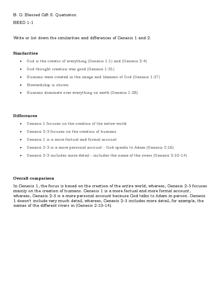 Comparing the Creation Accounts in Genesis 1 and Genesis 2: An Analysis ...