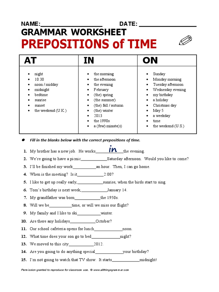 Prepositions of Time: Grammar Worksheet AT IN ON | PDF | Workweek And ...