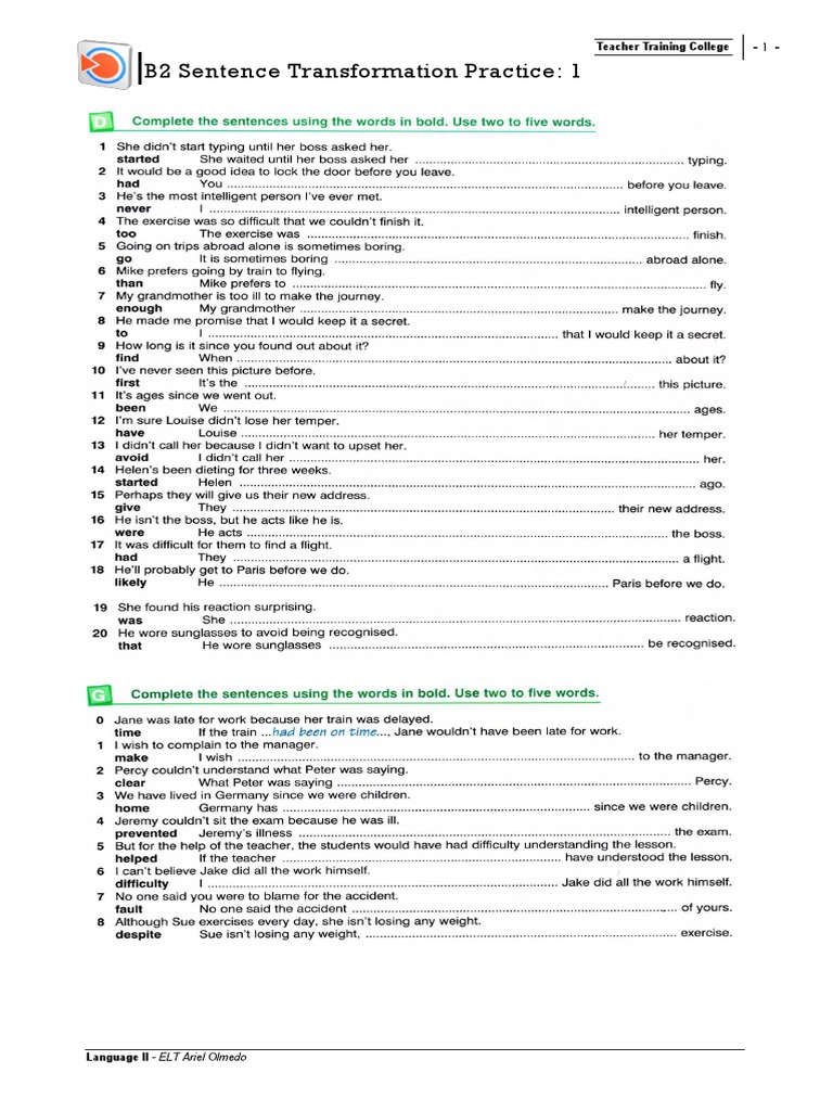 B2 Sentence Transformation Practice: 1: Teacher Training College | PDF