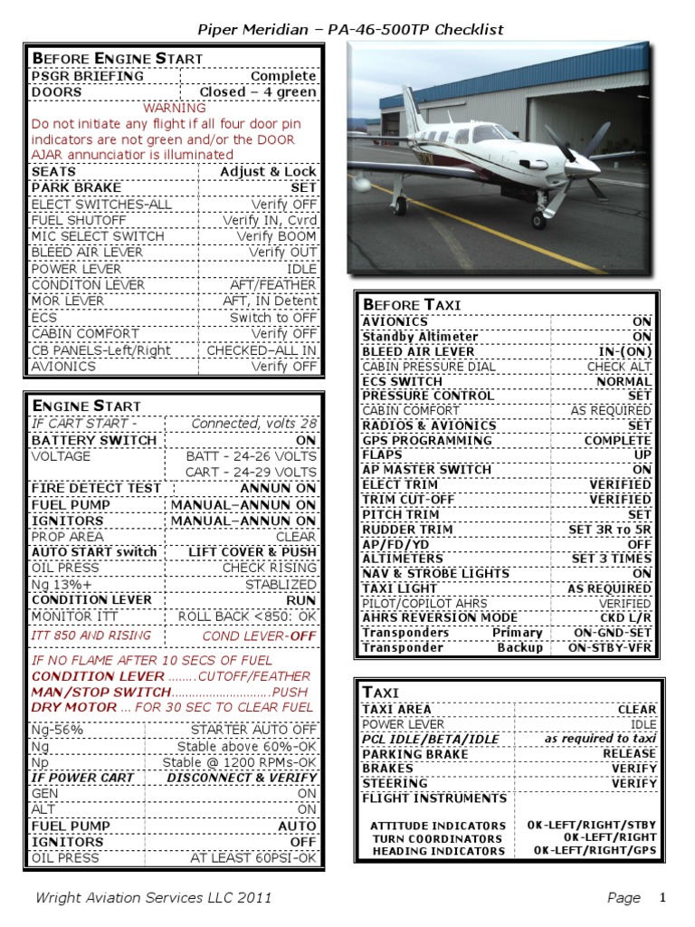 PA-46 Meridian Preflight Checklist | PDF | Flap (Aeronautics) | Flight