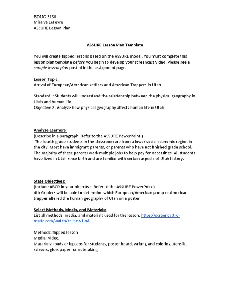 ASSURE Lesson Plan Template: Sample Lesson Plan Posted in The ...