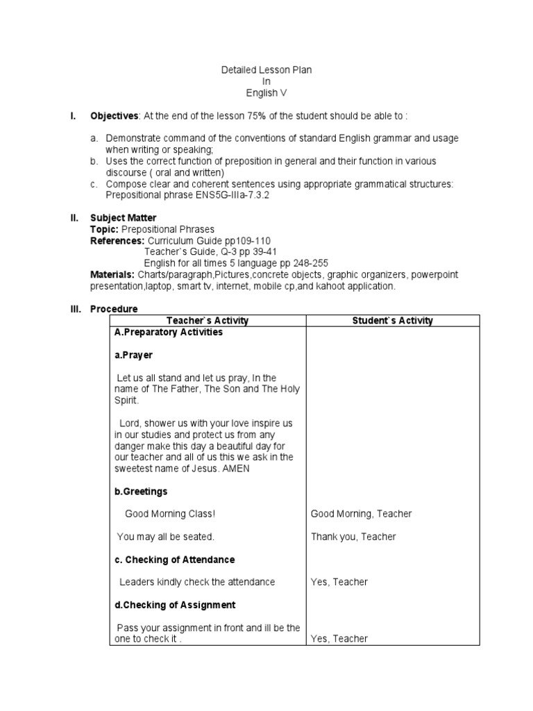 Grade 4 Prepositional Phrases Lesson Plan | PDF | Preposition And ...
