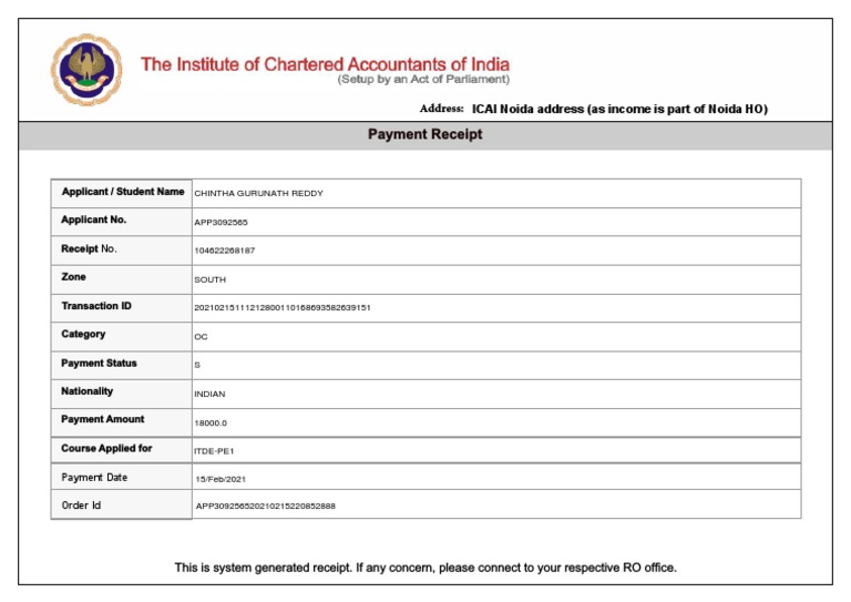 Payment Receipt: Address: ICAI Noida Address (As Income Is Part of ...