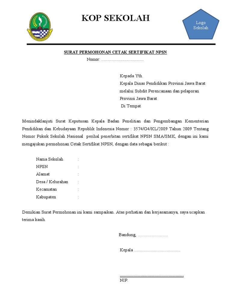 FORMAT - Surat Permohonan Cetak NPSN | PDF
