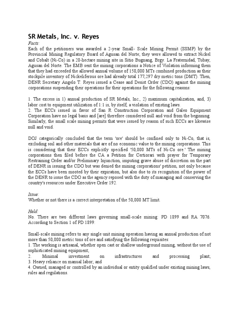 SR Metals, Inc. v. Reyes: Facts | PDF | Mining | Justice