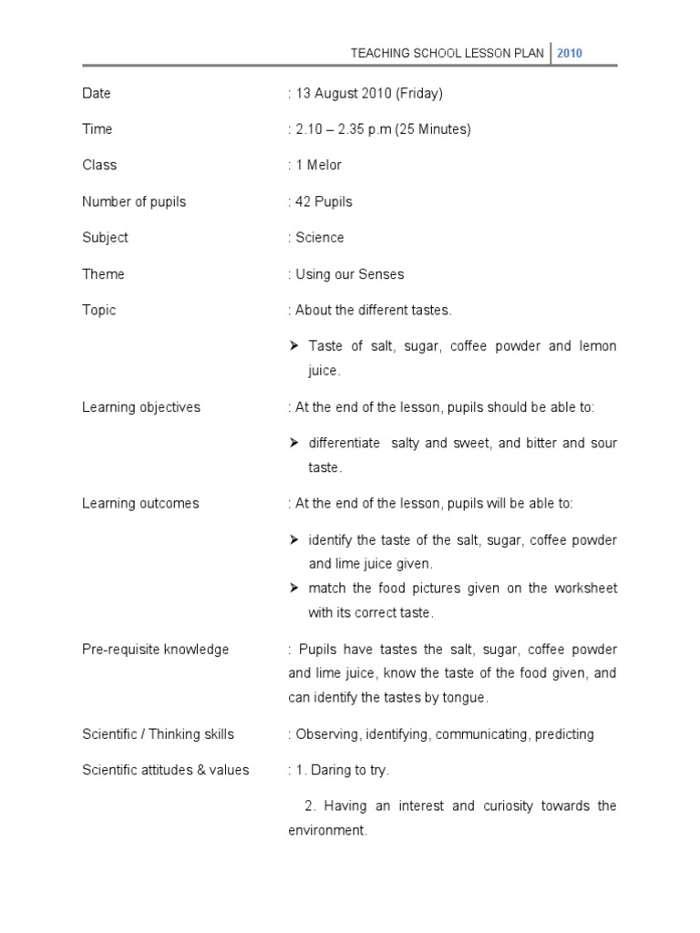 Teaching School Lesson Plan | PDF | Taste | Lesson Plan