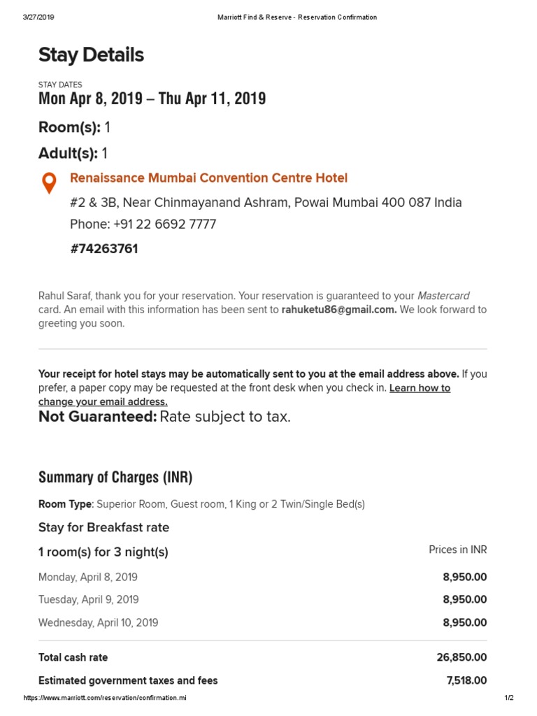 Marriott Reservation Confirmation Details | PDF | Marriott ...