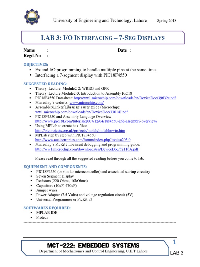 LAB 3: I/O I - 7-S D: Nterfacing EG Isplays | PDF | Computer ...