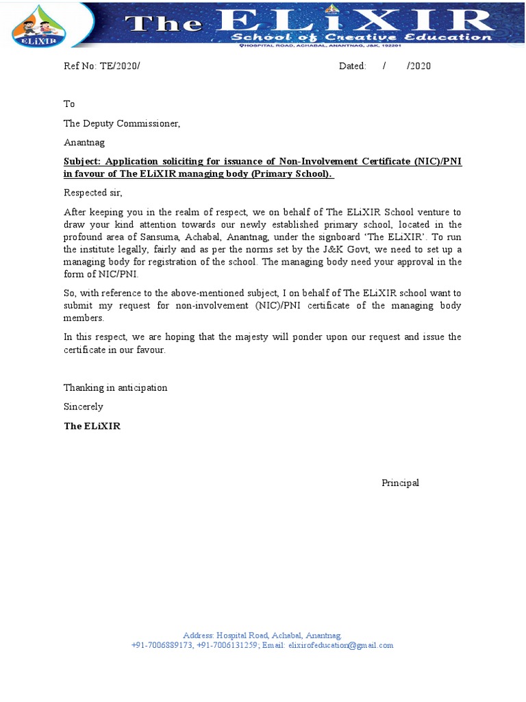 Subject: Application Soliciting For Issuance of Non-Involvement Certificate (Nic) /pni in Favour ...