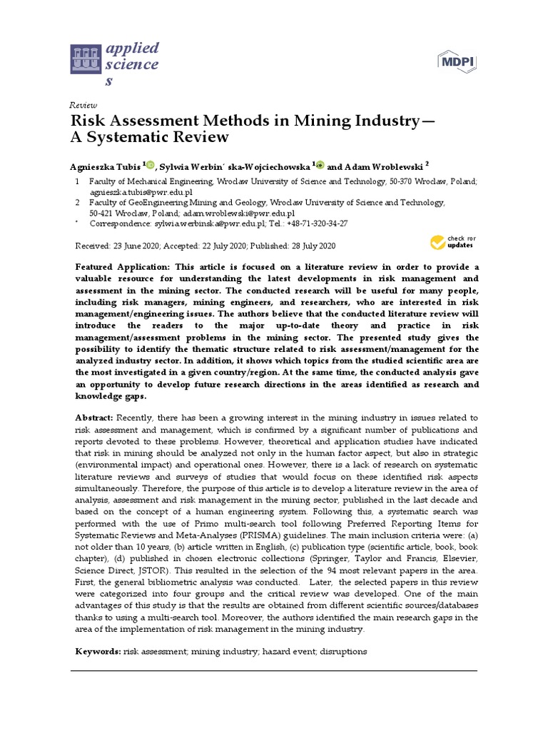 Applied Science S: Risk Assessment Methods in Mining Industry - A ...