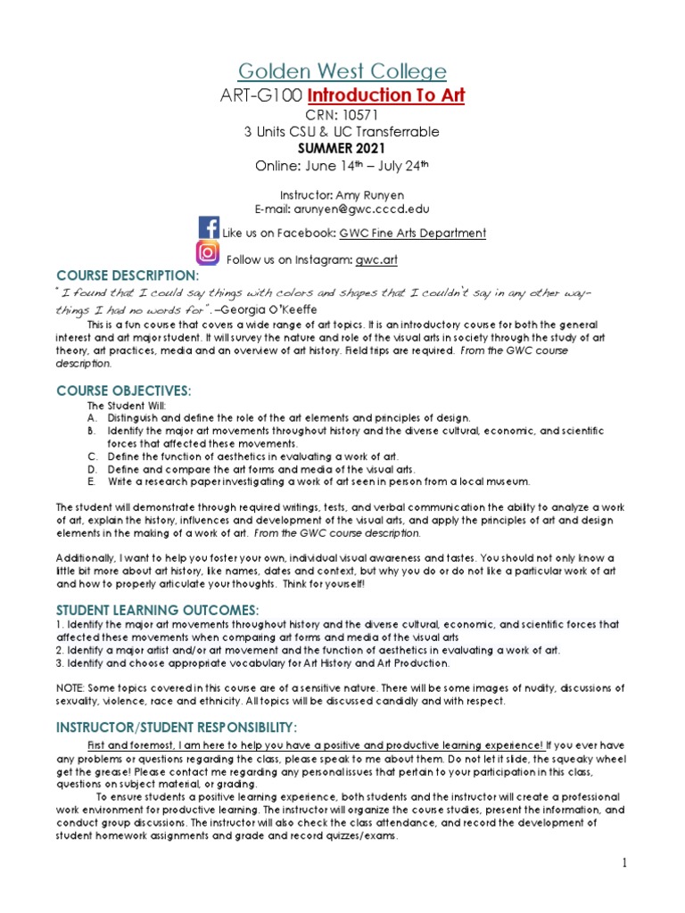 GWC-Art100-Syll-SUMMER2021 Online-1 | PDF | Art History | Test (Assessment)