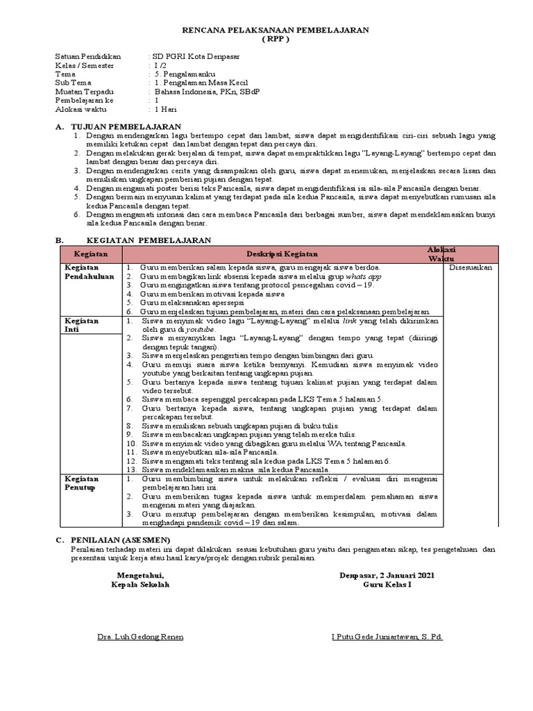 RPP Daring Kelas 1 Tema 5 ST 1 | PDF