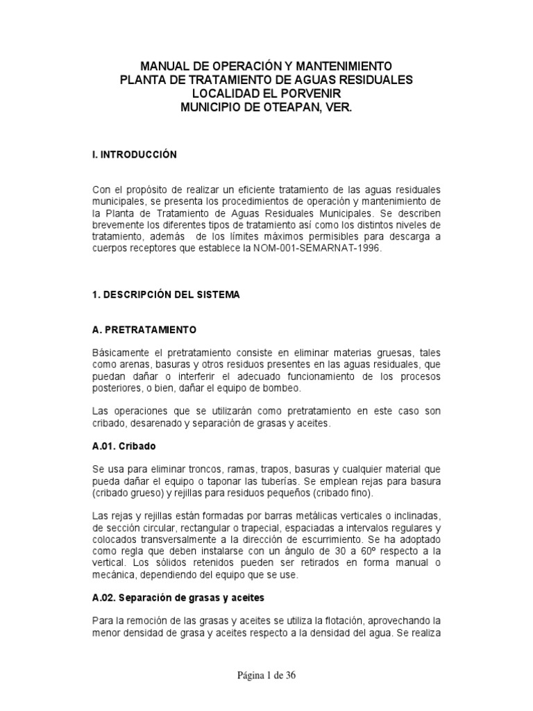 Manual de Operacion y Mantenimiento Ptar Oteapan | PDF | Aguas residuales | Bomba