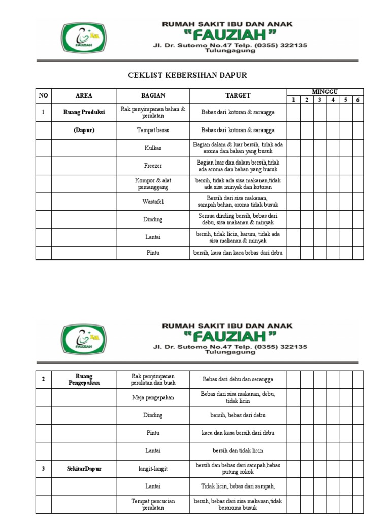 Ceklist Kebersihan Dapur Lengkap | PDF