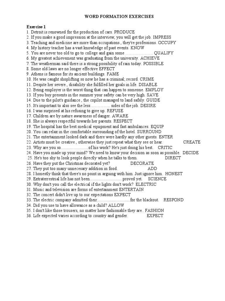 Word Formation Exercises Exercise 1 | PDF