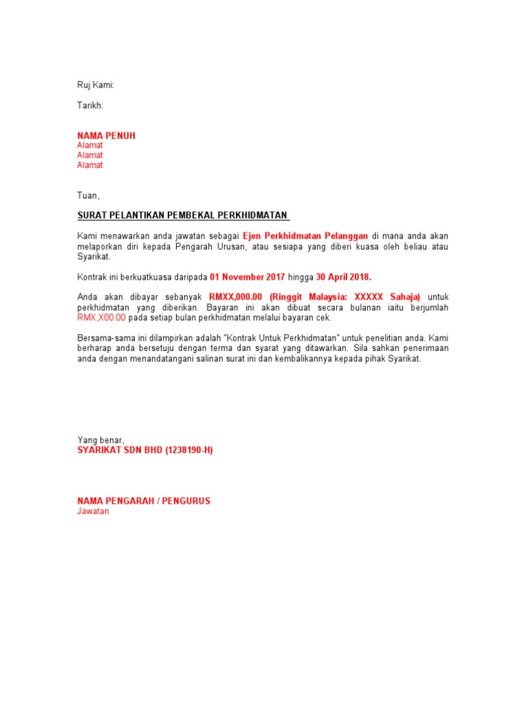 1 - CONTOH SURAT LANTIKAN KONTRAKTOR - Contract For Service | PDF