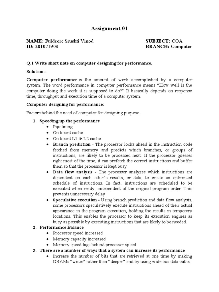Assignment 01: NAME: Fuldeore Srushti Vinod Subject: Coa ID: 201071908 BRANCH: Computer | PDF ...