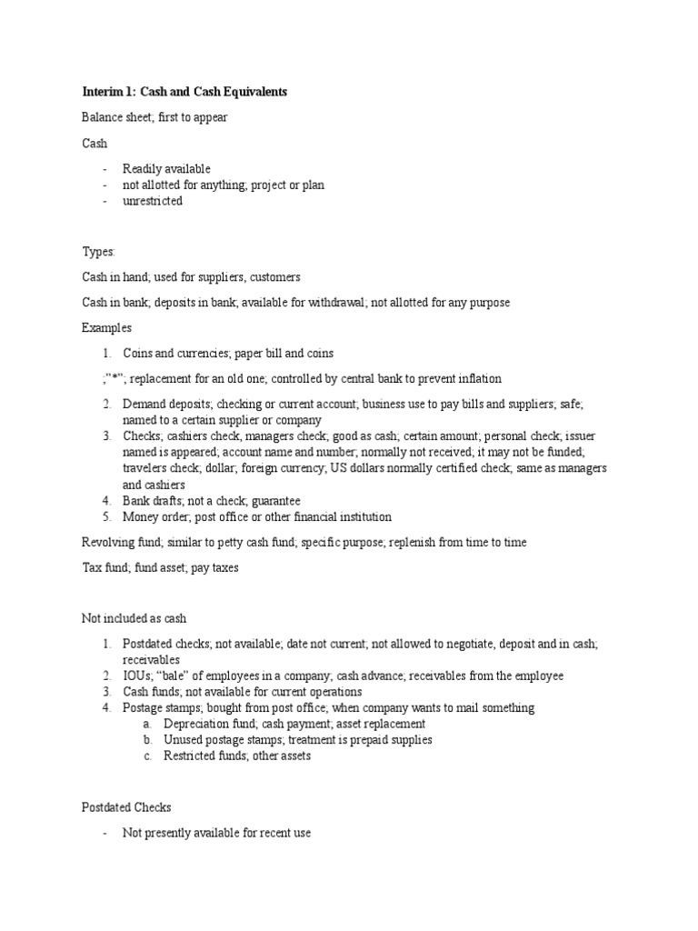 Notes On Cash and Cash Equivalents | PDF | Cheque | Deposit Account