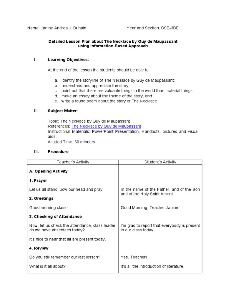 Detailed Lesson Plan - The Necklace - Information-Based Approach | PDF ...