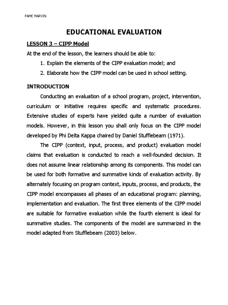 Educational Evaluation: Lesson 3 - Cipp Model | PDF | Evaluation | Psychology