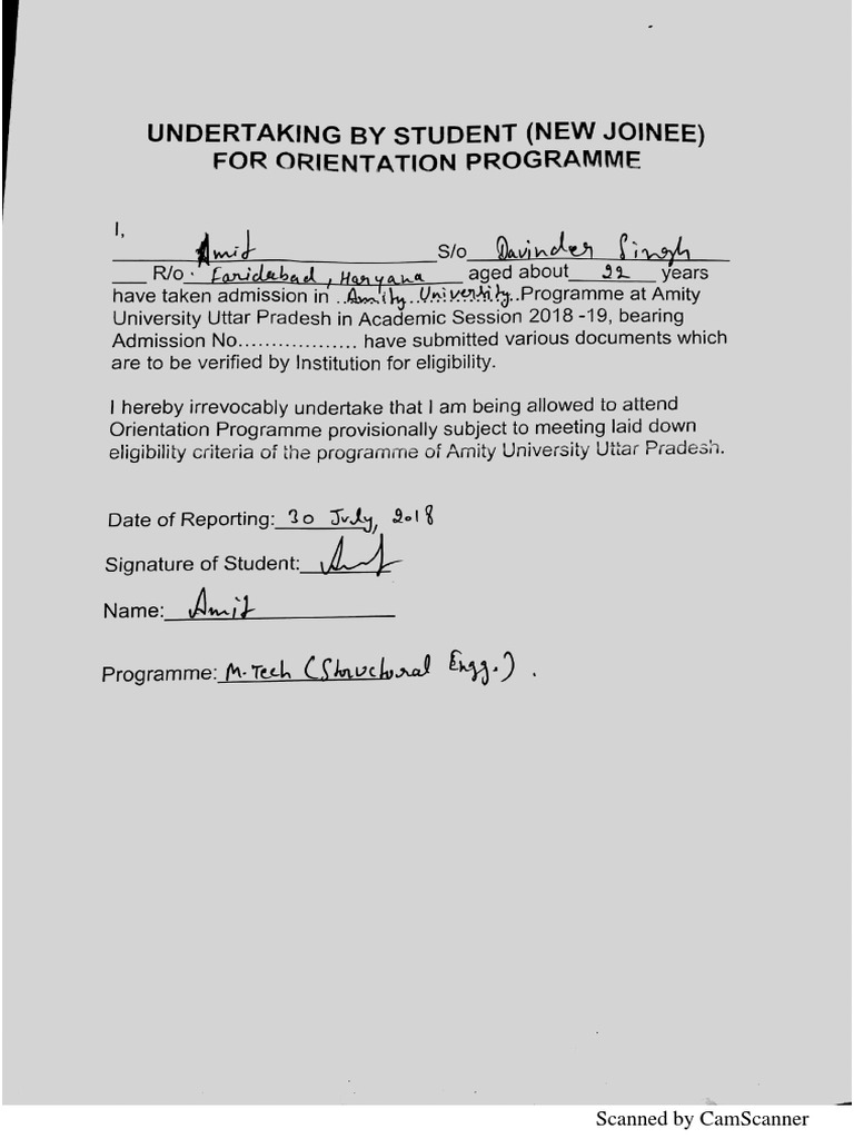 Undertaking Duly Signed by The Student | PDF