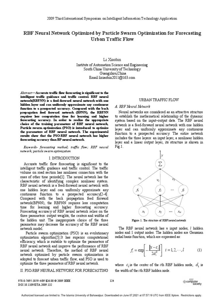 RBF Neural Network Optimized by Particle Swarm Optimization For Forecasting Urban Traffic Flow ...