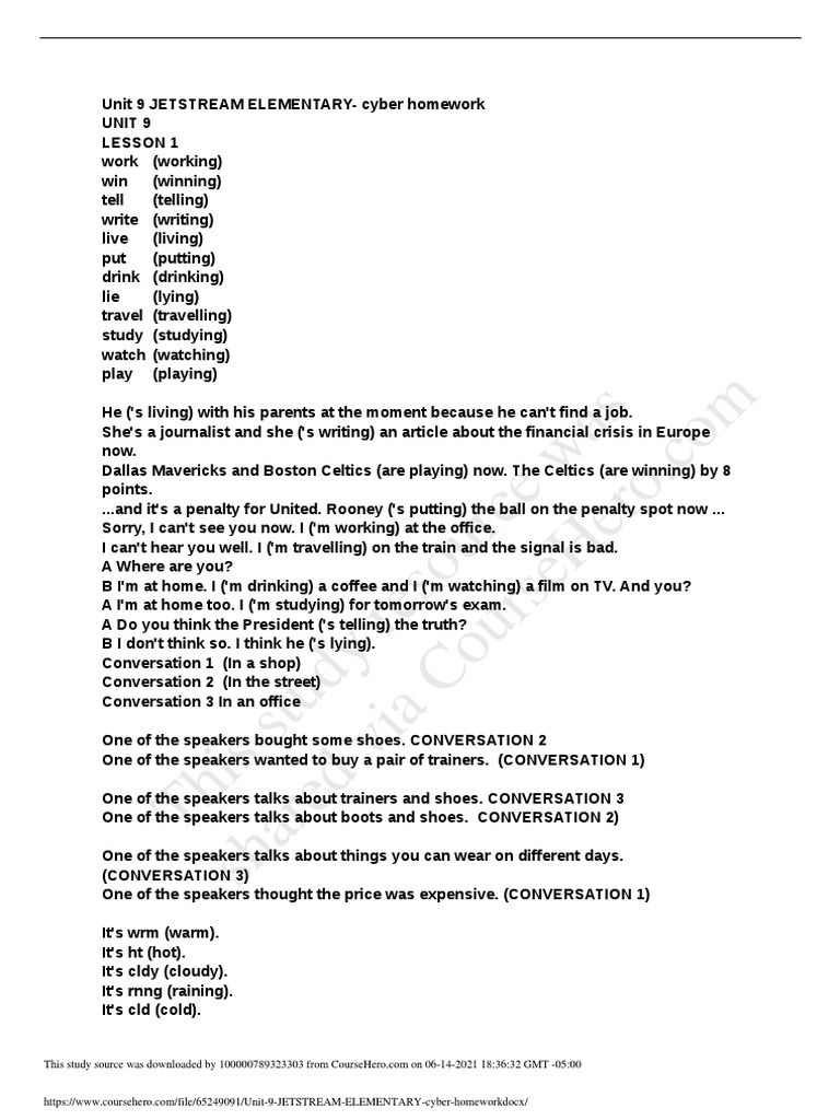 Unit 9 JETSTREAM ELEMENTARY Cyber Homework | PDF | Clothing