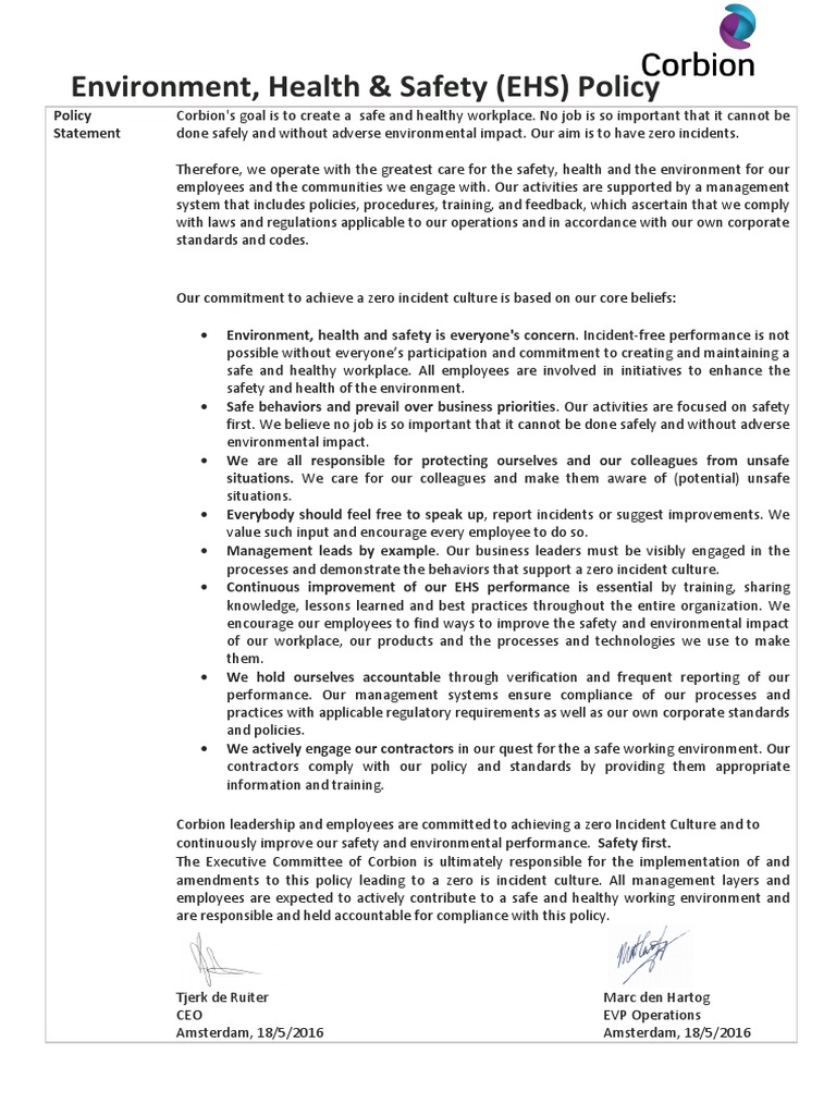 Environment, Health & Safety (EHS) Policy | PDF | Safety | Occupational ...