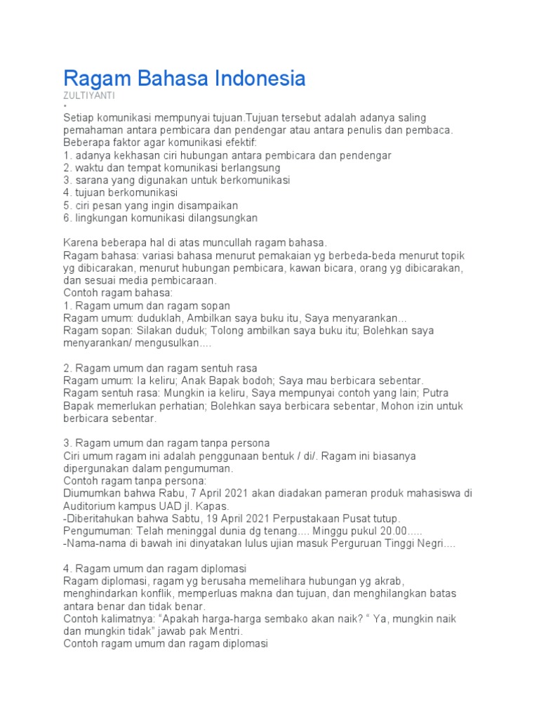 Ragam Bahasa Indonesia | PDF