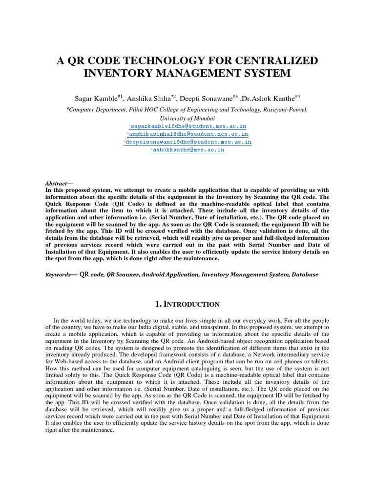 A QR Code Technology For Centralized Inventory Management System | PDF ...