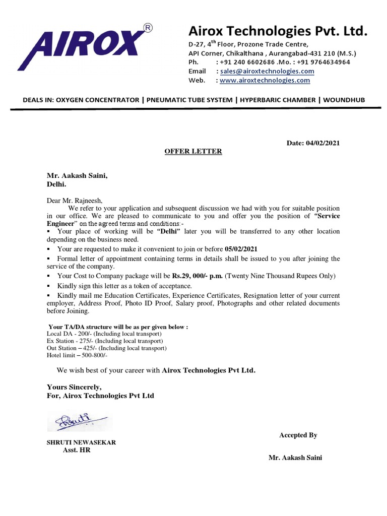 Aakash Offer Letter | PDF