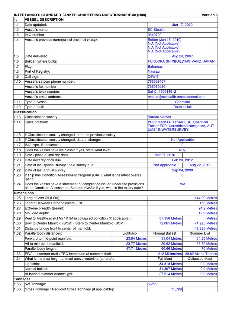 Intertanko'S Standard Tanker Chartering Questionnaire 88 (Q88) 1 ...