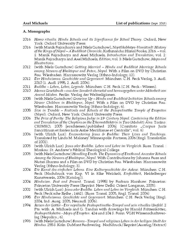 Axel Michaels' List of Publications (Sept. 2015 | PDF | Religion And ...