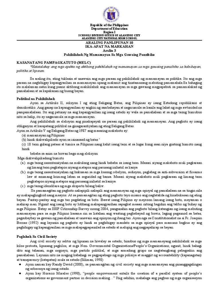 AP10 Quarter 4 Aralin 3and4 | PDF