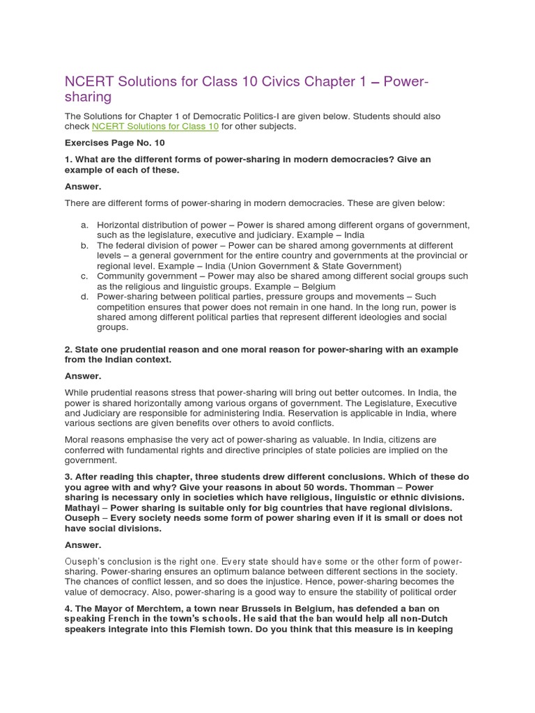 NCERT Solutions For Class 10 Civics Chapter 1 - Power-Sharing | PDF ...