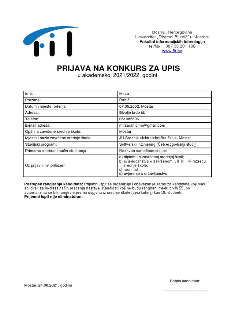 Prijava Za Upis | PDF
