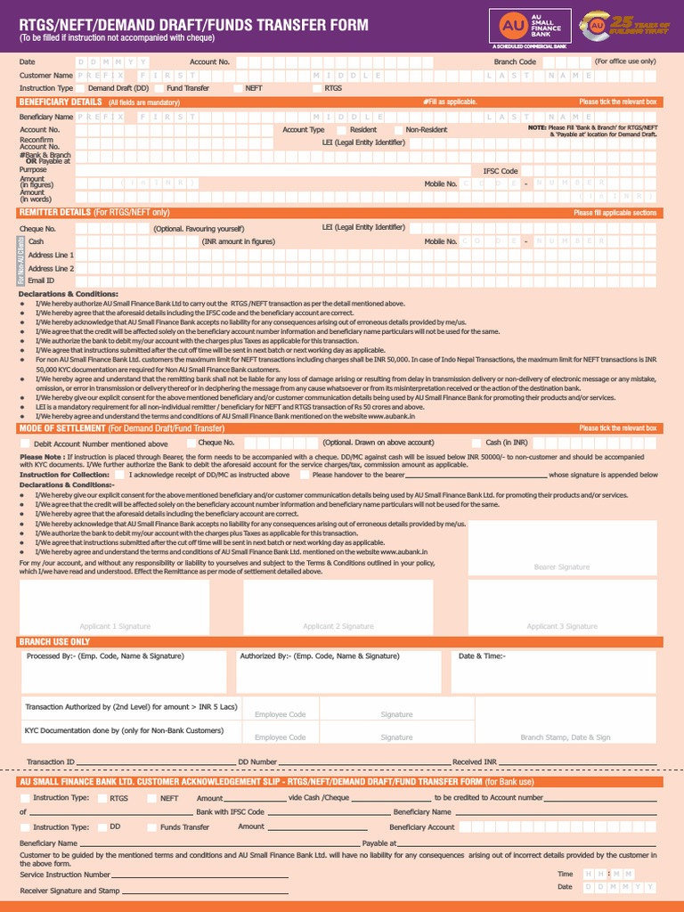 AU Bank RTGS/NEFT Transfer Form | PDF | Cheque | Banks