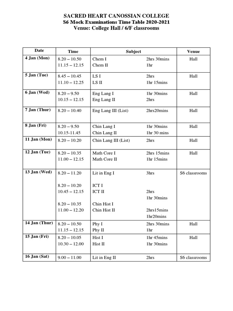 Sacred Heart Canossian College S6 Mock Examinations Time Table 2020 ...