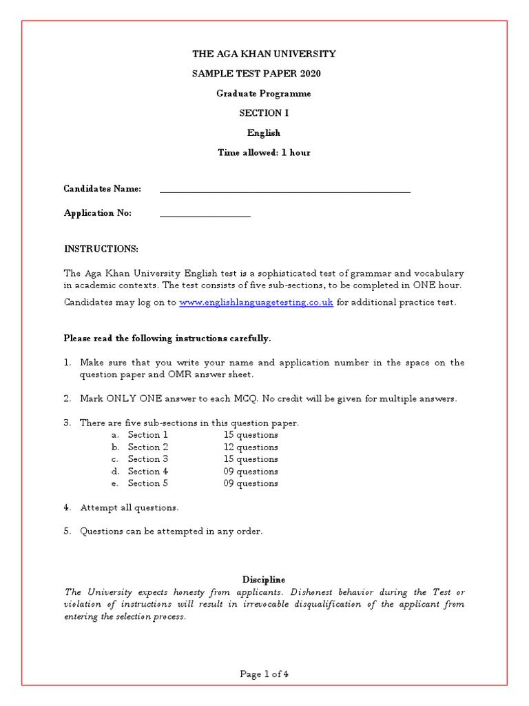 AKU Sample Test Paper 2020 | PDF | Multiple Choice | Science