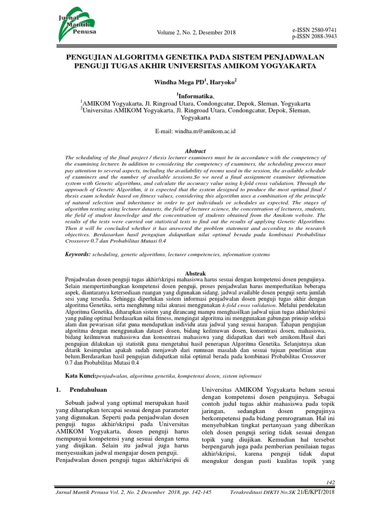 Pengujian Algoritma Genetika Pada Sistem Penjadwalan Penguji Tugas ...