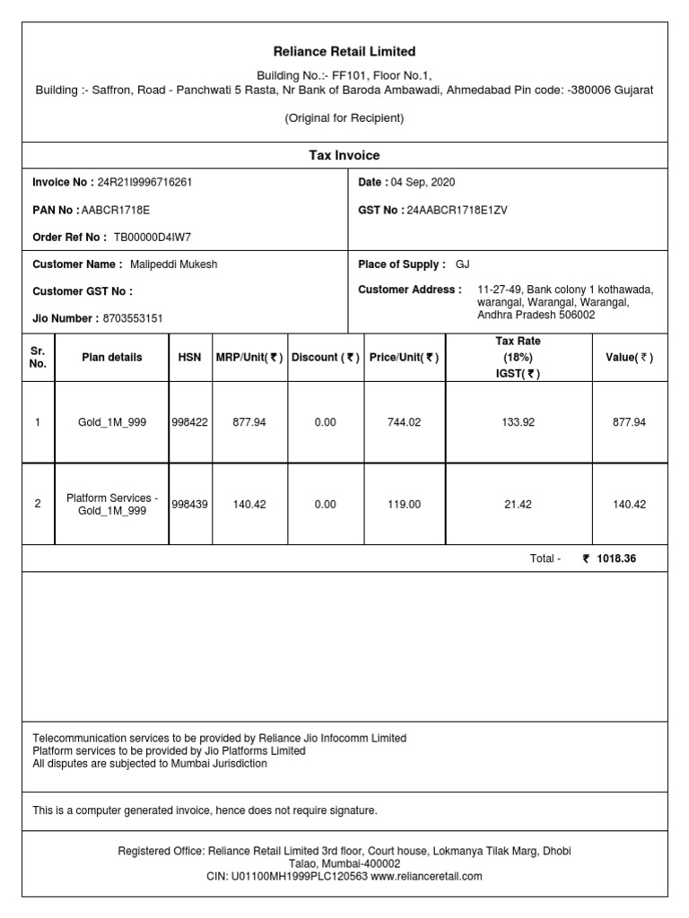 Reliance Retail Limited transaction documents for telecom and internet ...