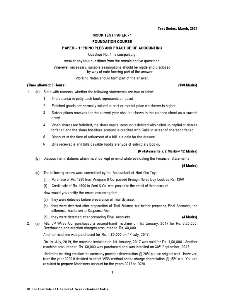 Test Series: March, 2021 Mock Test Paper - 1 Foundation Course Paper ...