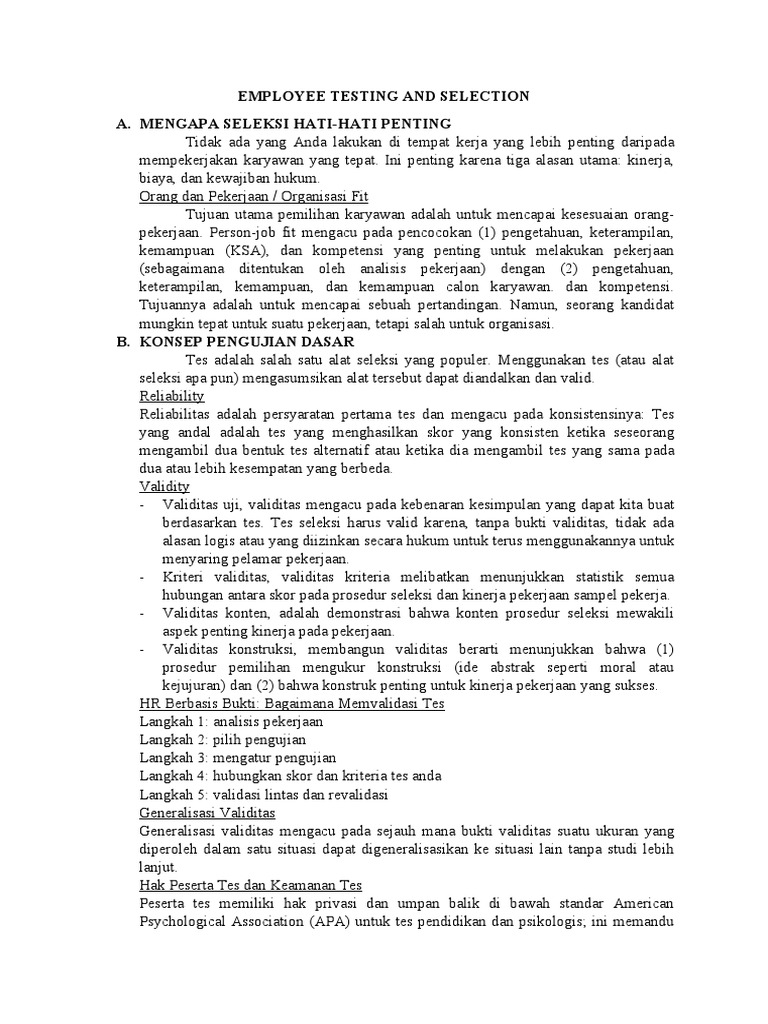 EMPLOYEE TESTING AND SELECTION: KEY CONCEPTS AND TECHNIQUES | PDF