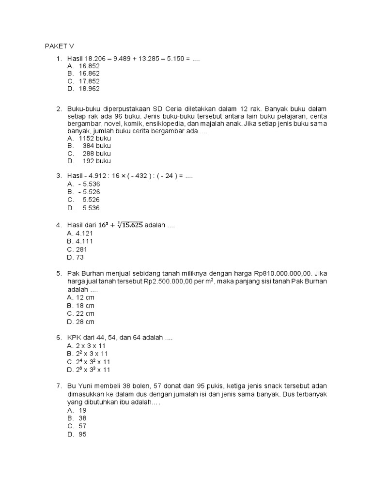 Latihan Soal Aspd Matematika SD | PDF