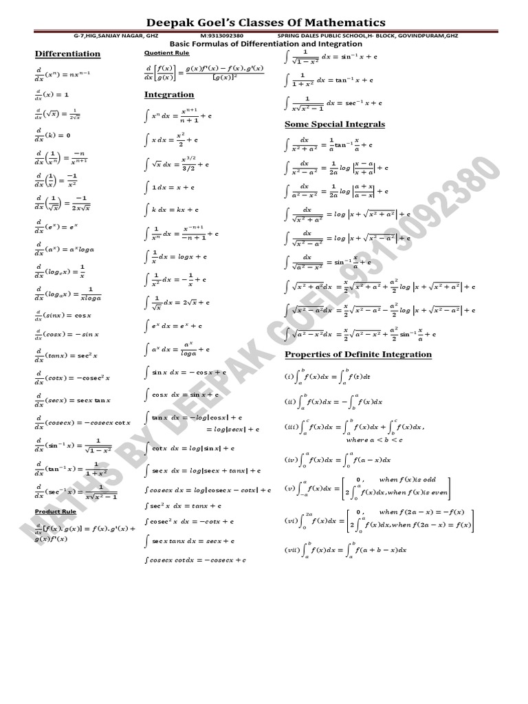 Formulas Integration Differentiation PDF | PDF | Theoretical Physics ...