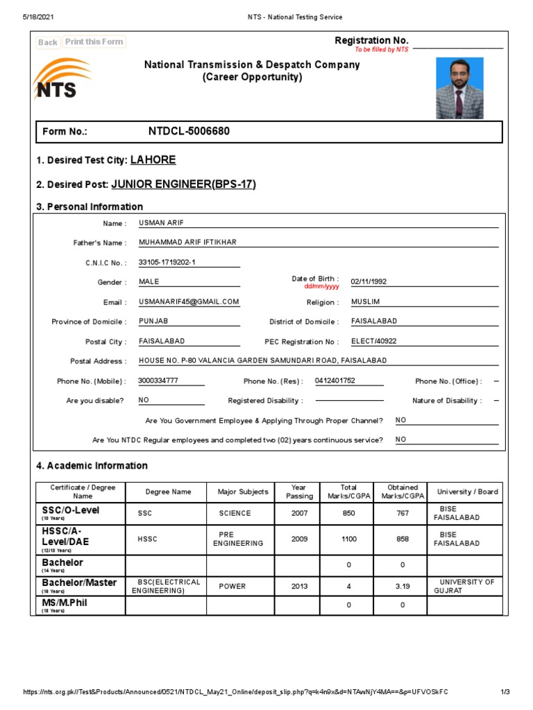 NTS Test Registration for Junior Engineer Position | PDF | Fee ...