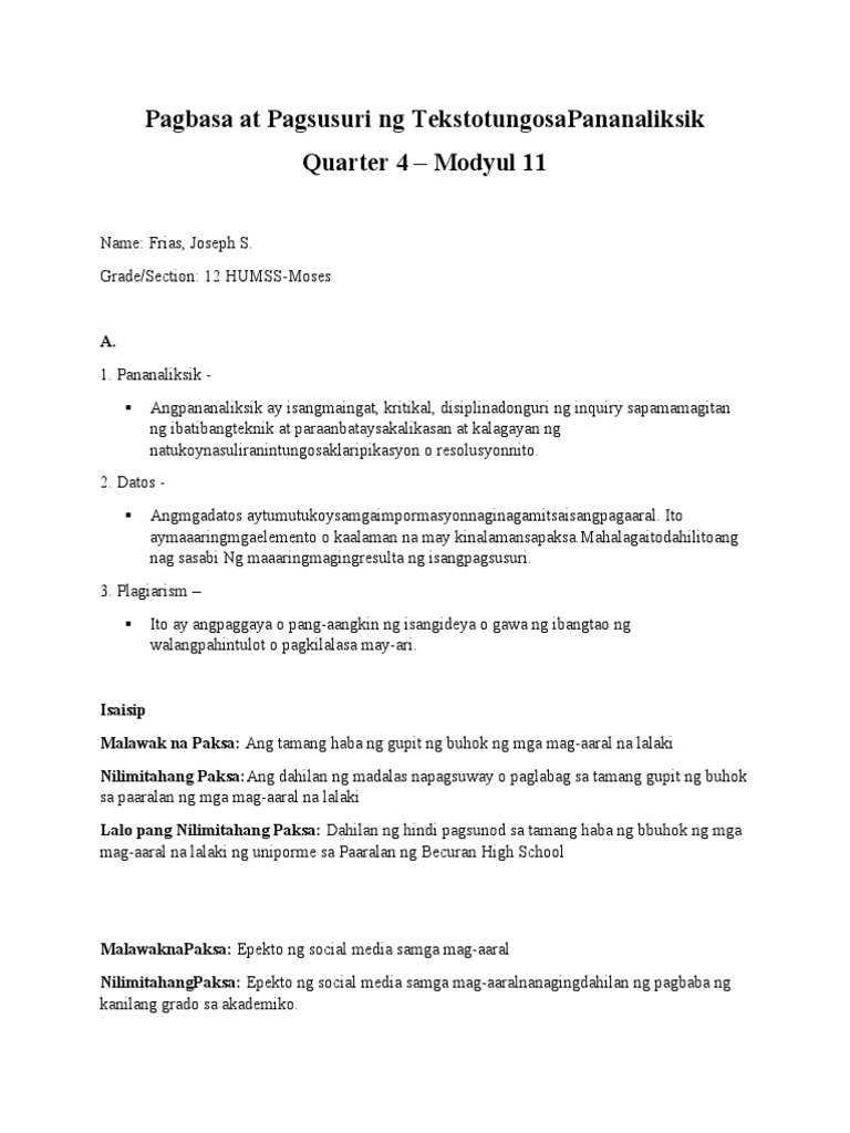 Frias Joseph Pagbasa at Pagsusuri. Quarter4 Module 11 | PDF